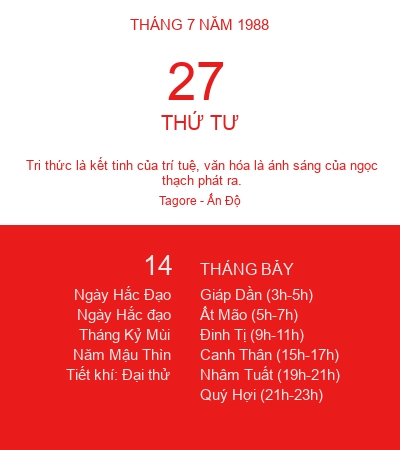 Lịch âm 27 tháng 7 năm 1988 - Lịch vạn niên ngày 27/7/1988 - Lịch ngày ...