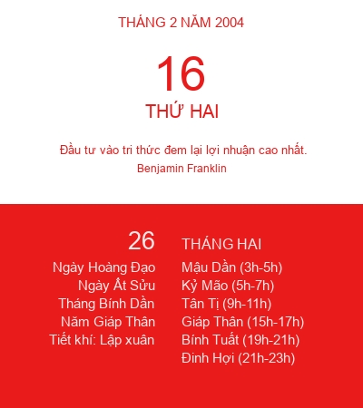 Lịch âm 16 tháng 2 năm 2004 - Lịch vạn niên ngày 16/2/2004 - Lịch ngày ...