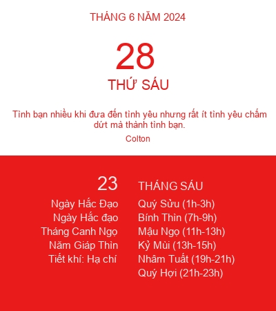 Lịch âm 28 tháng 6 năm 2024 - Lịch vạn niên ngày 28/6/2024 - Lịch ngày ...